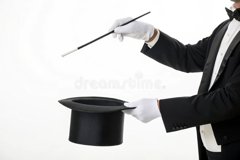 Hands of the Magician with Magic Wand and Top Hat Isolated on White ...