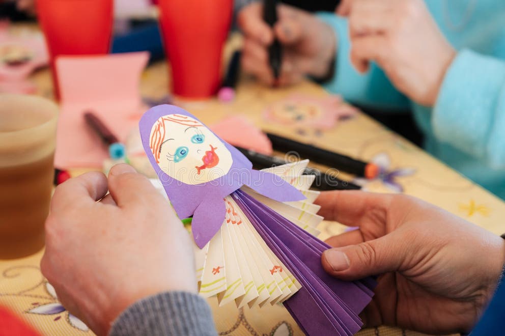 Hands Make Crafts from Colored Paper at Table Stock Photo - Image of ...
