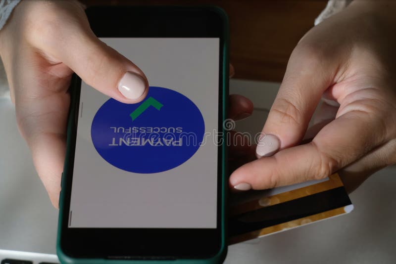 Hands Make Money Transfer Using Smartphone and Plastic Bank Card Stock ...