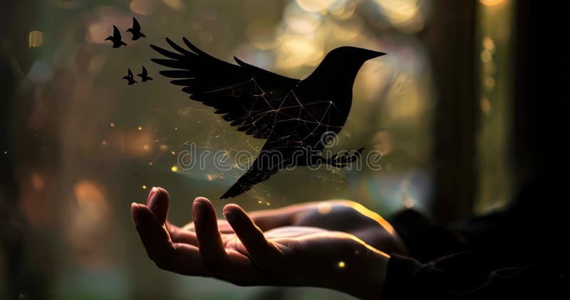 Hands Making a Bird Shadow Puppet, Its Shadow Evolving into Data ...