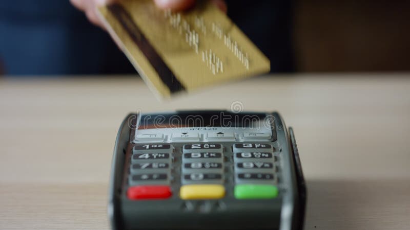 Close Up Modern Pos Terminal Device Cashless Payment Table Stock Photos ...