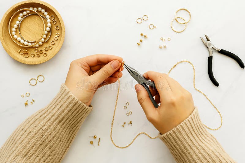 Hands Making Handmade Gold Jewelry with Pliers on White Table Stock ...