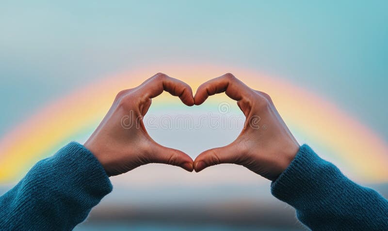 Heart Shape Created with Hands Against a Vibrant Rainbow and Soft Blue ...