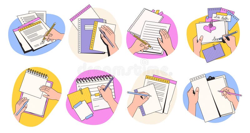 Hands Making Notes Collection. Doodle Writing and Drawing Symbols ...