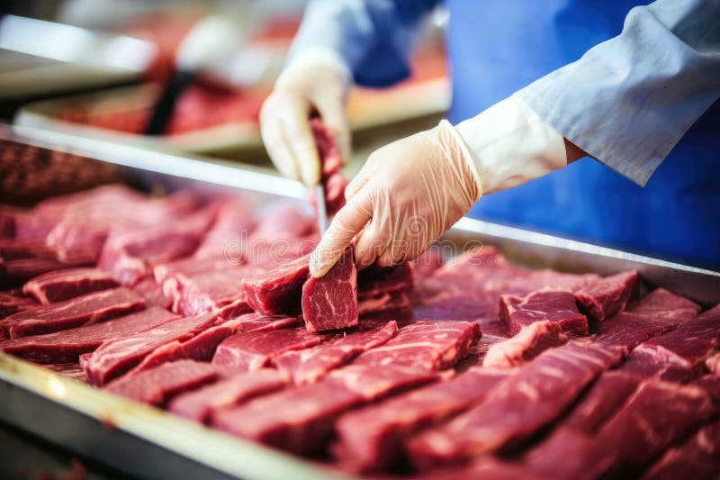 Hands of Male Worker at Meat Processing Plant Close Up Stock ...