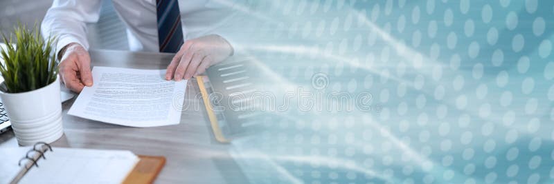Hands of Man Checking Document Panoramic Banner Stock Image - Image of ...