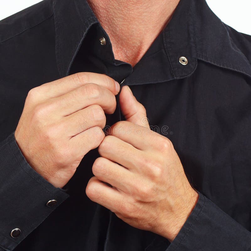 Hands a Man Fastened the Buttons on the Black Shirt Closeup Stock Image ...