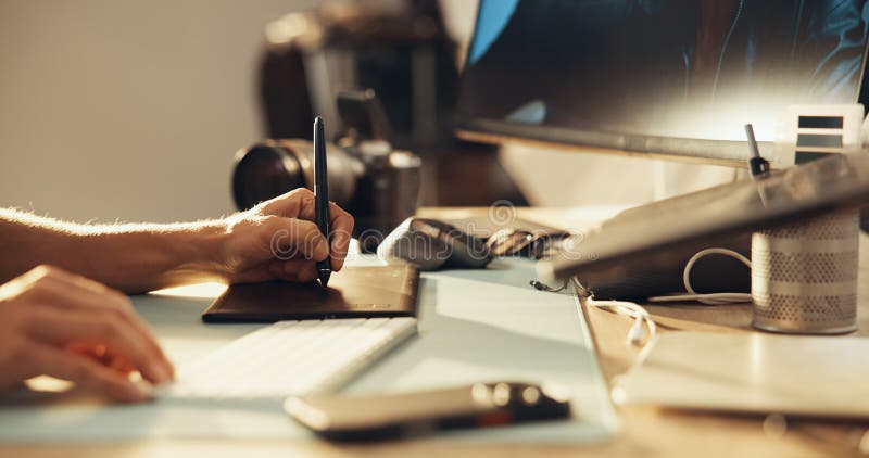 Hands, Man and Graphic Tablet for Photography, Drawing or Editing Image ...