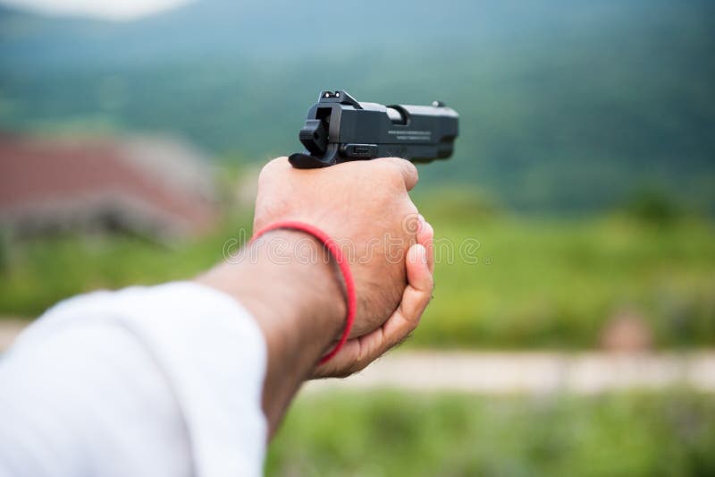 Police Officer`s Hands Aiming With Gun. Stock Photo - Image of safety ...
