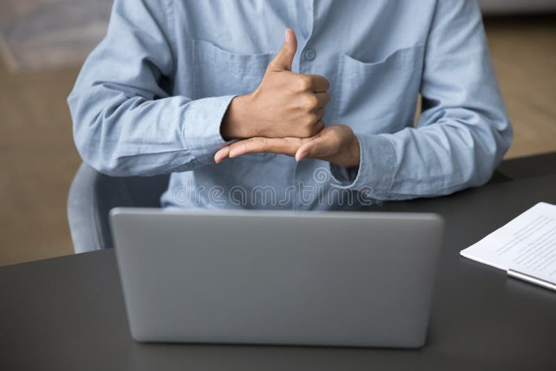 Hands of Man with Hearing Disability Talking on Video Call Stock Image ...