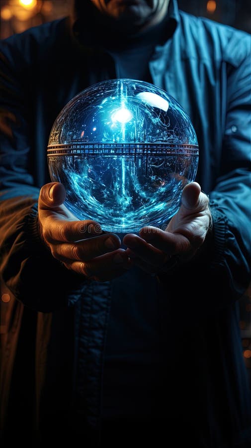 Hands of a Man Holding a Glass Sphere with Luminous Dots Inside Stock ...