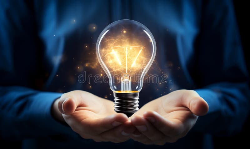 Hands of Man Holding Illuminated Light Bulb, Front View with Copy Space ...