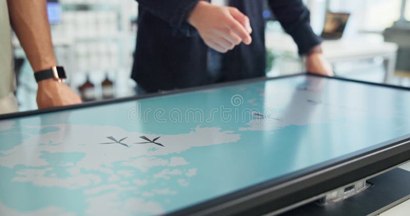 Hands, Man and Interactive Display with Map in Office for Global Change ...