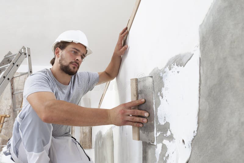 Hands Man Plasterer Construction Worker at Work with Trowel, Plastering ...
