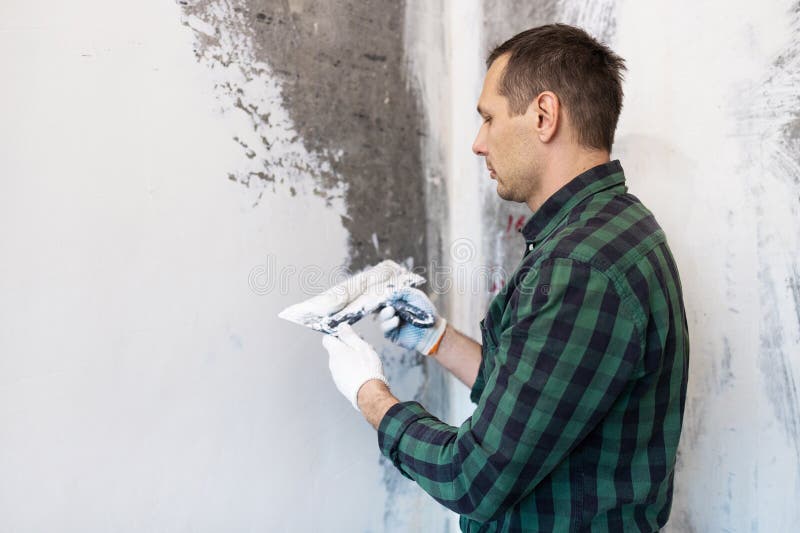 Hands Man Plasterer Construction Worker at Work with Trowel, Plastering ...
