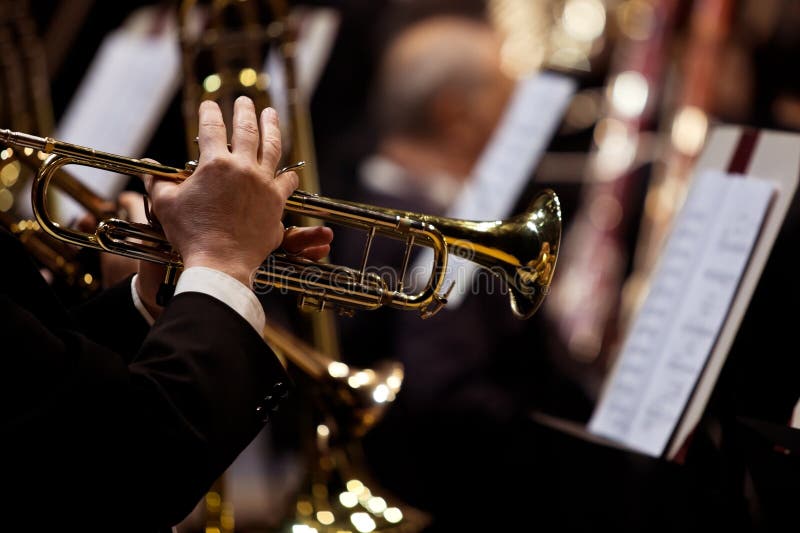 Hands of Man Playing the Trumpet in the Orchestra Stock Image - Image ...
