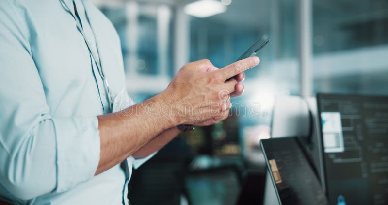 Hands Man And Programmer With Phone In Office For Software Development Network Or Database