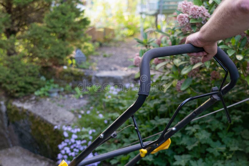 Hands of Man Pushing Lawnmower through Small Backyard in Spring Stock ...