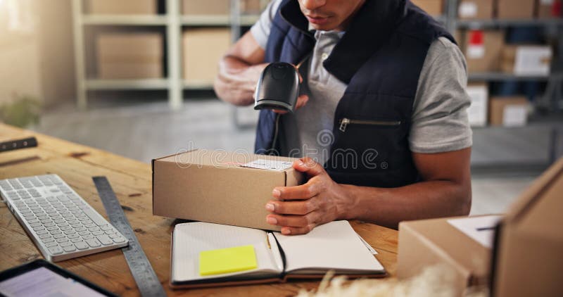 Hands, Man and Scanner with Box for Distribution of Inventory ...