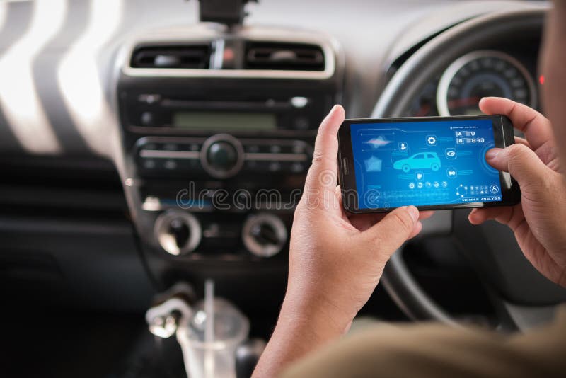 Hands of Man Using Mobile Smart Phone Vehicle Analysis Appiication in ...
