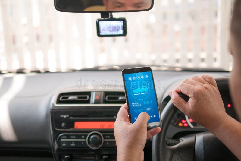 Hands of Man Using Mobile Smart Phone Vehicle Analysis Appiication in ...