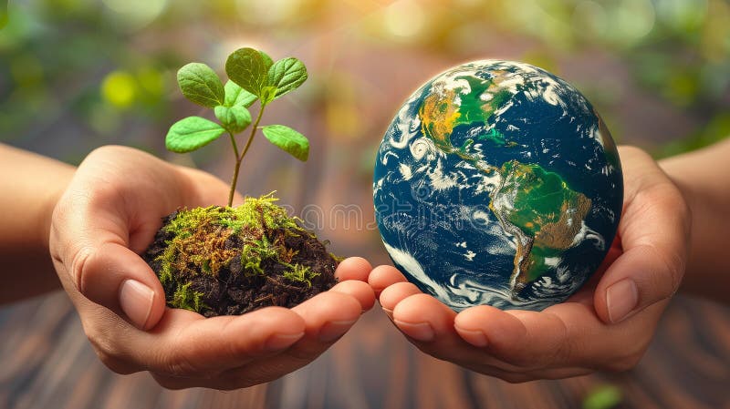 Hands of a Man and a Woman Cradle a Small Planet Earth and Budding ...