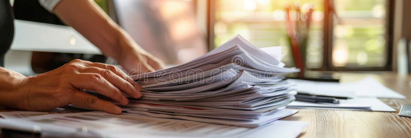 Hands Managing a Hefty Stack of Documents with a Laptop on the Side ...