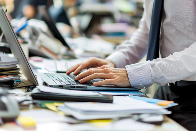 Hands Managing Work Tasks on a Laptop Amidst Scattered Papers on an ...