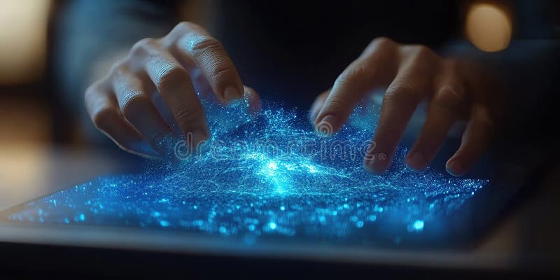 Hands Manipulate a Glowing Digital Display Creating Shimmering Patterns in a Dark Setting Stock ...