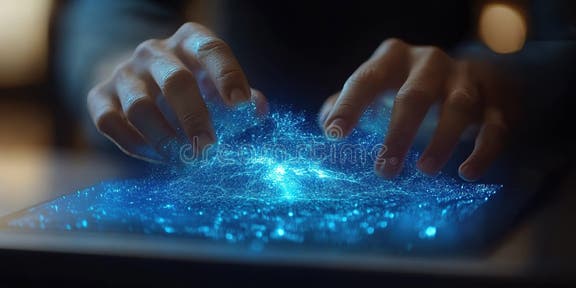 Hands Manipulate a Glowing Digital Display Creating Shimmering Patterns ...
