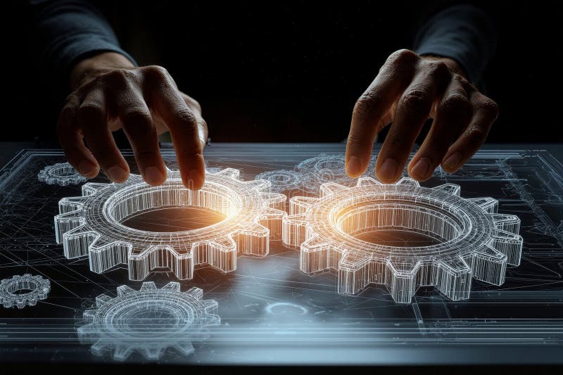 Hands Manipulate Holographic Gears on a Digital Table in a High-tech ...