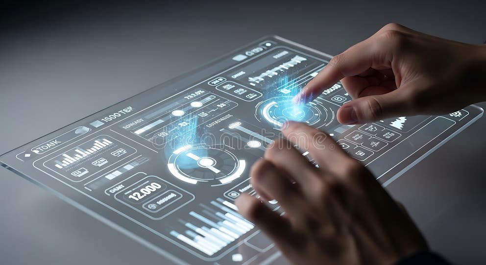 Hands Interact with Futuristic Transparent Digital Interface Displaying ...