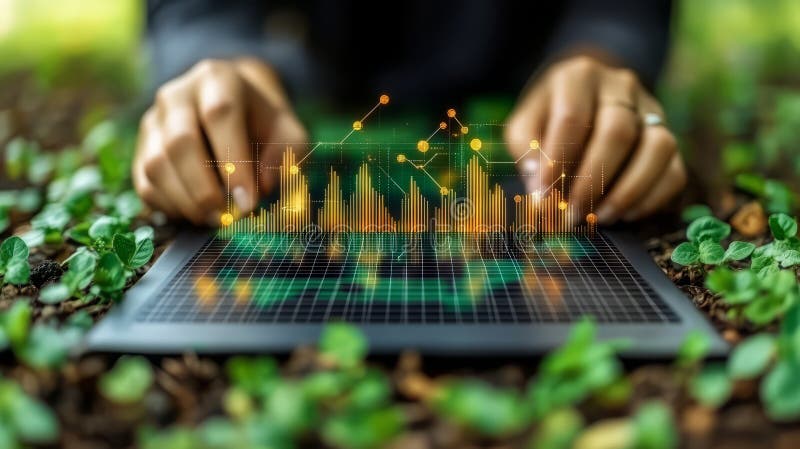 Hands Manipulating Digital Graphs on a Tablet Surrounded by Lush Green ...