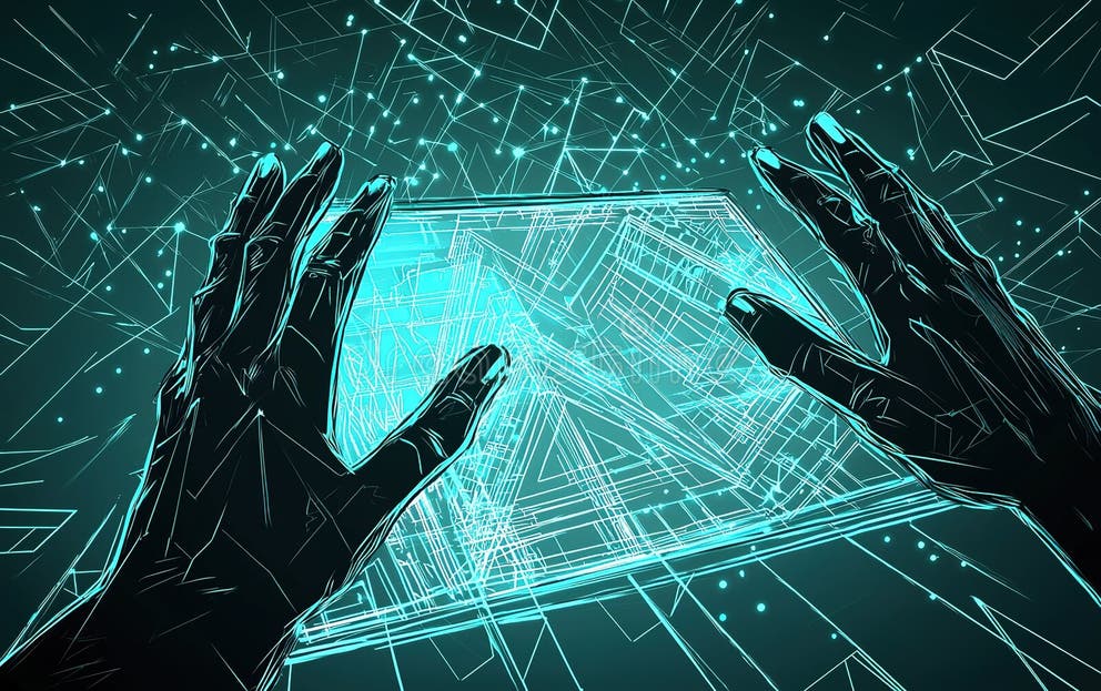 Hands Manipulating a Digital Interface with Glowing Blue Lines in a Futuristic Setting during an ...