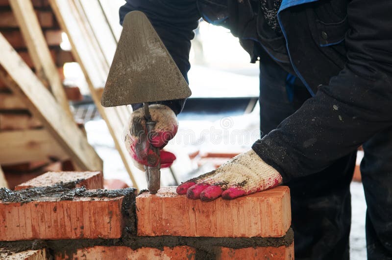 Hands of a Mason at Bricklaying Stock Image - Image of glove, pecker ...