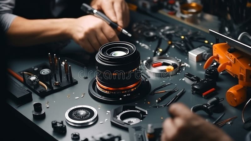 Hands of the Master with Gloves and a Broken Lens of a Professional ...