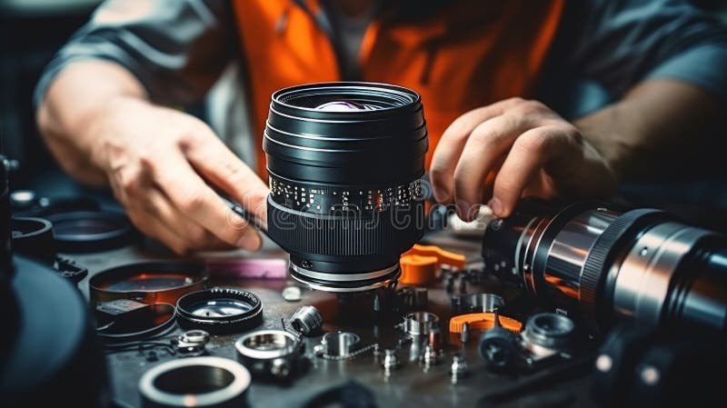 Hands of the Master with Gloves and a Broken Lens of a Professional ...