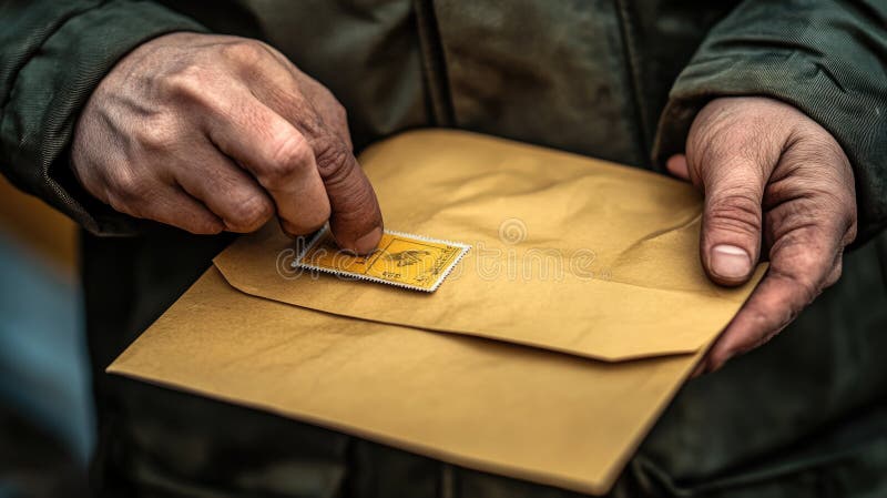 Hands of a Mature Caucasian Man Sealing an Envelope with Postage Stamp ...