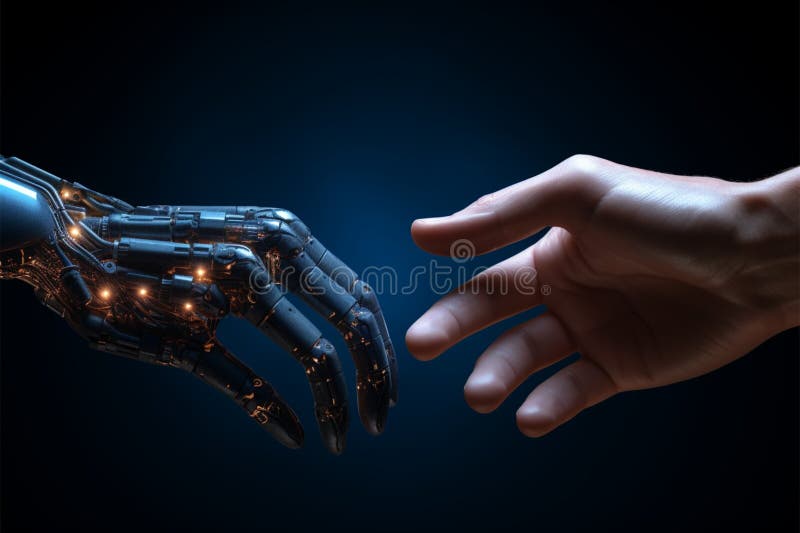 Hands Meet Human and Robot Against a Tranquil Blue Stock Illustration ...
