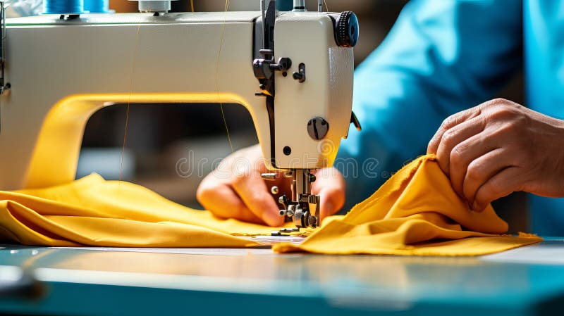 A Close-up of Hands Skillfully Sewing Bright Yellow Fabric on a Sewing ...