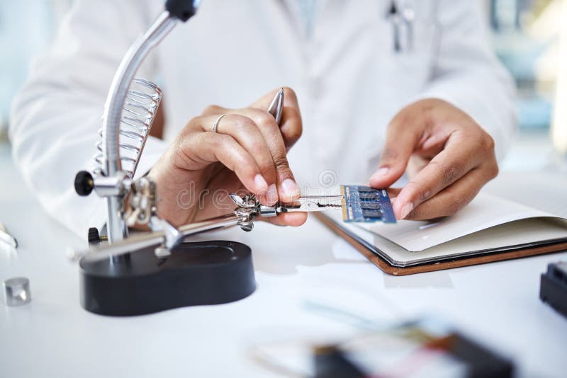 Hands, Microchip and Engineering Woman with Magnifying Glass of Science ...