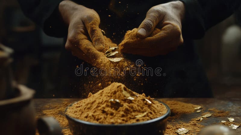 Hands Mixing Golden Brown Spice Powder in Dark Setting Stock ...