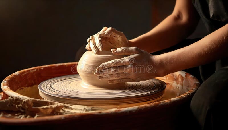 Hands Molding Clay on Pottery Wheel, Creating Bowl with Focus Stock ...