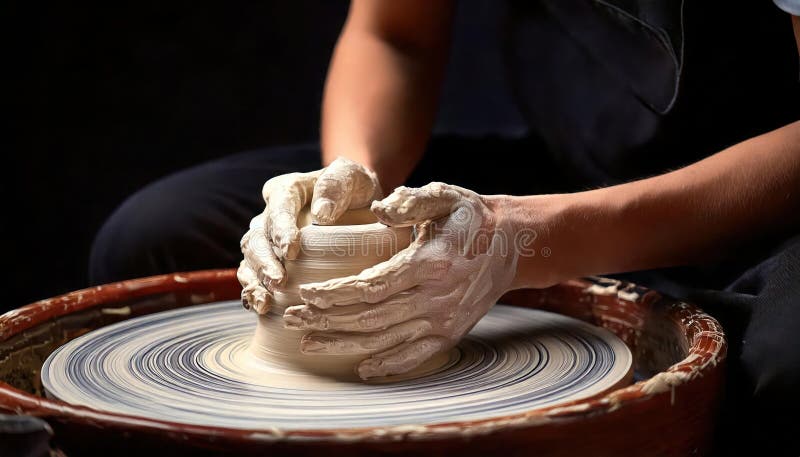 Hands Molding Clay on Pottery Wheel, Creating Bowl with Focus Stock ...