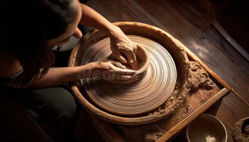 Hands Molding Clay on Pottery Wheel, Creating Bowl with Focus Stock ...