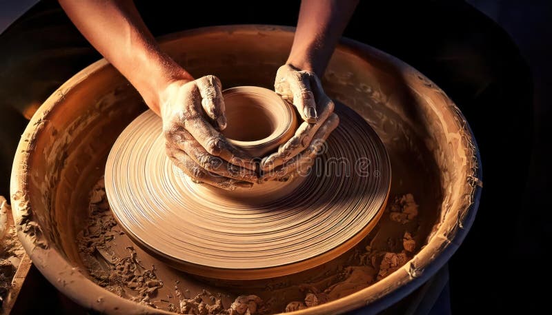 Hands Molding Clay on Pottery Wheel, Creating Bowl with Focus Stock ...
