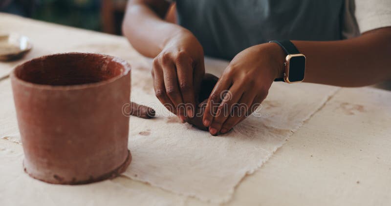 Hands, Molding and Person with Clay in Workshop for Artistic Process ...