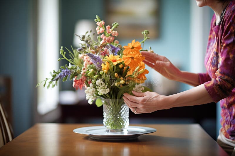 Hands Moving a Floral Centerpiece on a Dining Table Stock Illustration ...