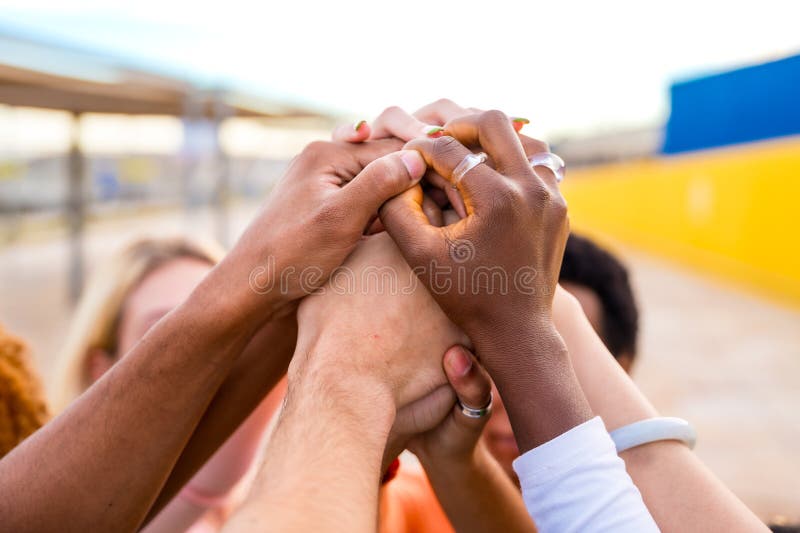 Hands of Multi-ethnic People Joining in the Air Stock Image - Image of ...