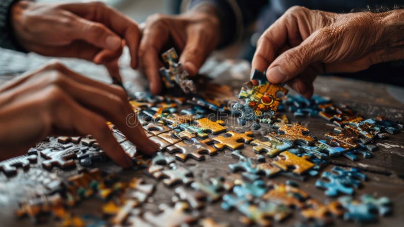 Hands of Multiple People Working Together To Complete a Puzzle ...